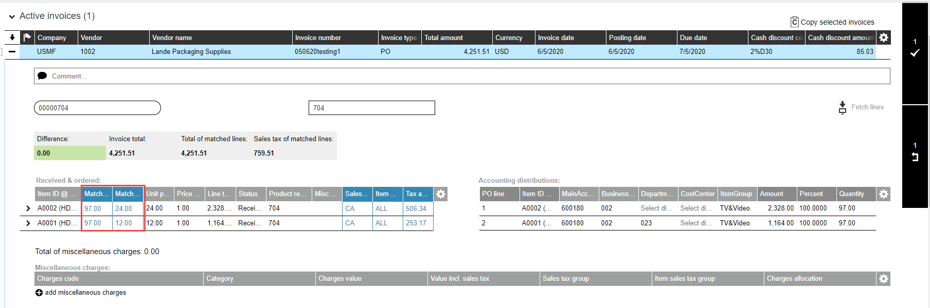 Matching of PO Invoices
